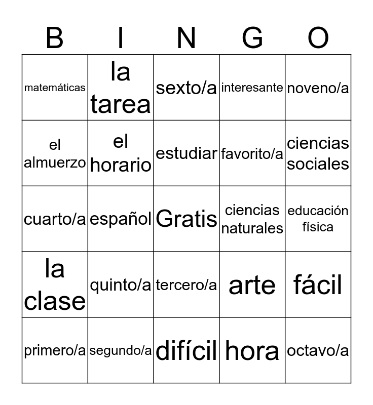 Realidades 1 - 2A Bingo Card