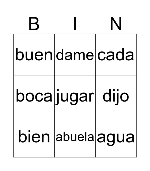 Palabras Frecuentes Bingo Card