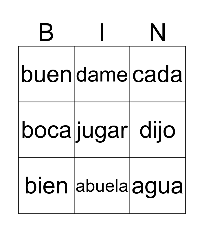Palabras Frecuentes Bingo Card