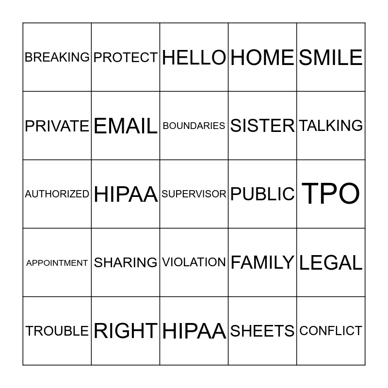 CRAZY HIPAA BINGO Card