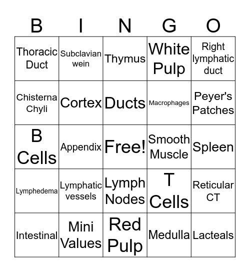 Lymphatic System Bingo Card