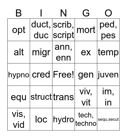 Morpheme Bingo 50 Bingo Card