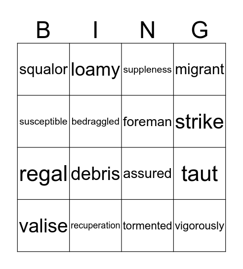 Esperanza Rising Bingo Card