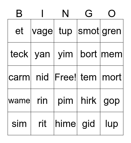 Nonsense Words Bingo Card