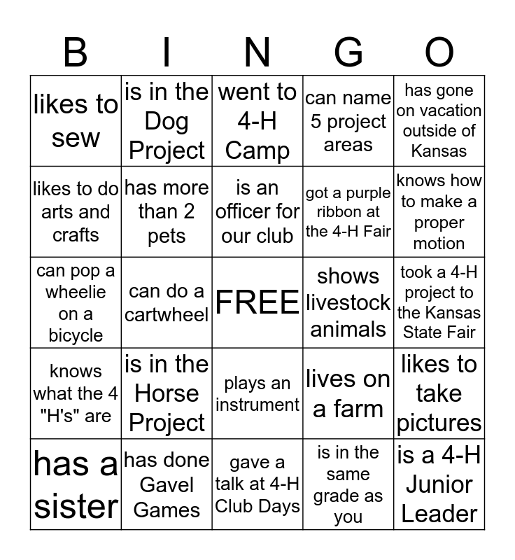 4 H Get To Know You Bingo Card 4 H Get To Know You Bingo Card