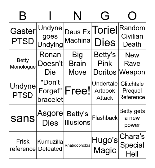 Glitchtale S2E7 "Hate" Bingo Card