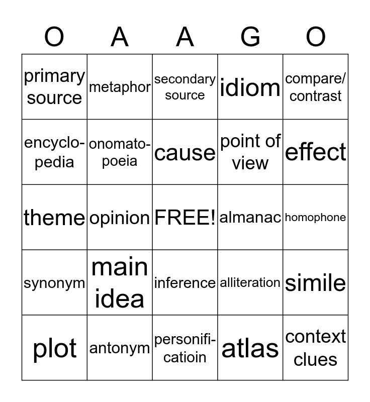 OAA BINGO Card