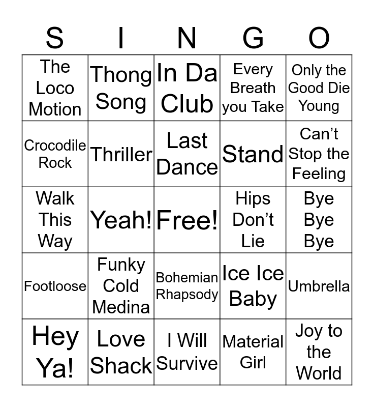 SINGO Bingo Card
