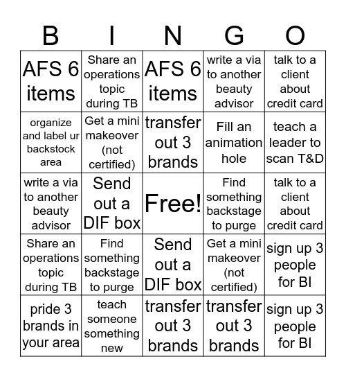 Operations Bingo Card