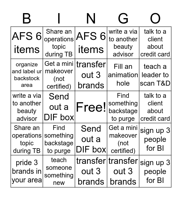 Operations Bingo Card