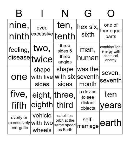 Greek/Latin Root Words Week 11 Bingo Card