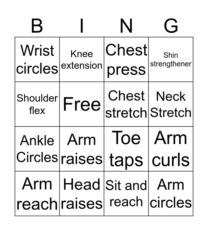 Chair Activity Bingo Card