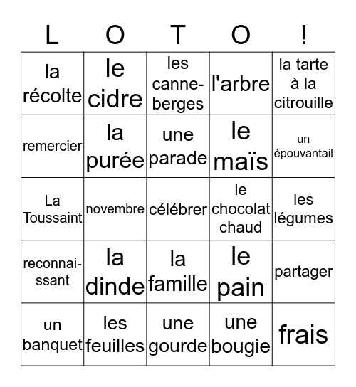L'automne Bingo Card