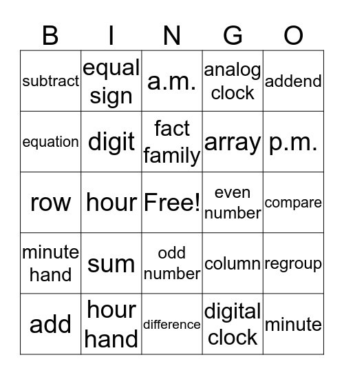 2nd Grade Math Vocabulary Bingo Card