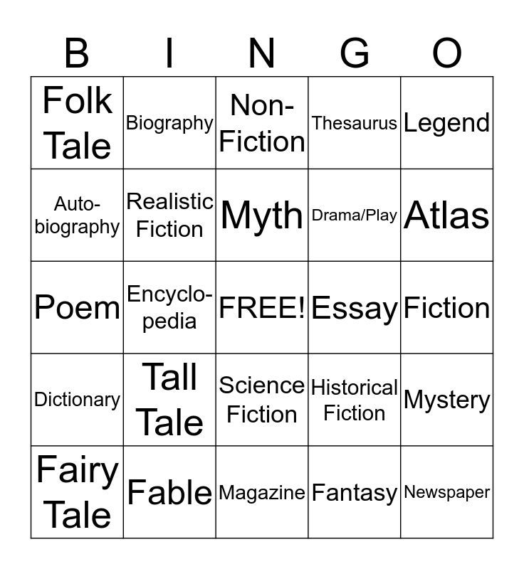 Genre and Reference Material Bingo Card