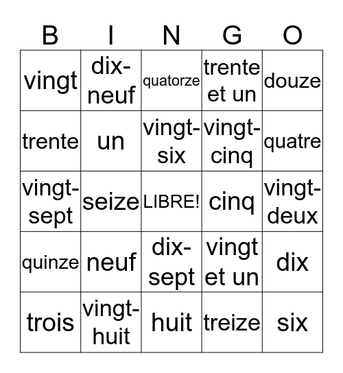 Les Nombres 1-31 Bingo Card