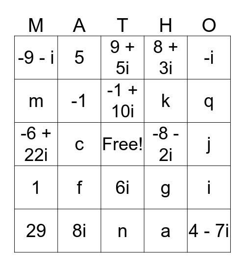 Complex Numbers Bingo Card
