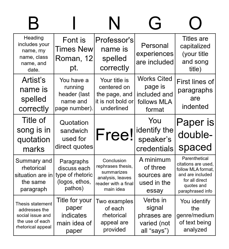 Proofreading Bingo Card