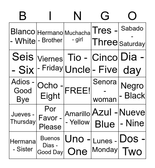 Spanish Bingo Card