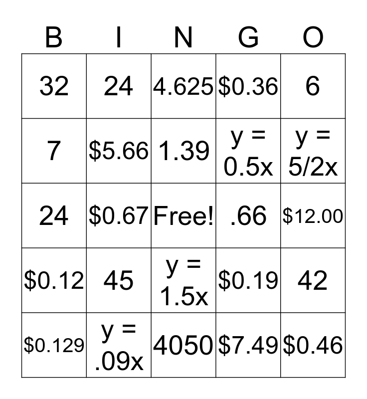 Proportion Bingo Card