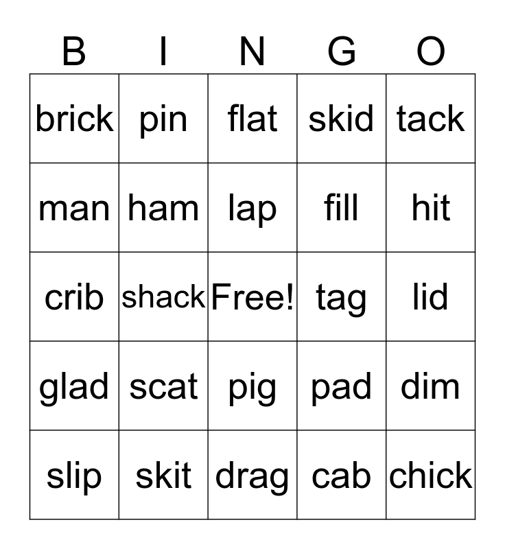 Short a and Short i Bingo Card