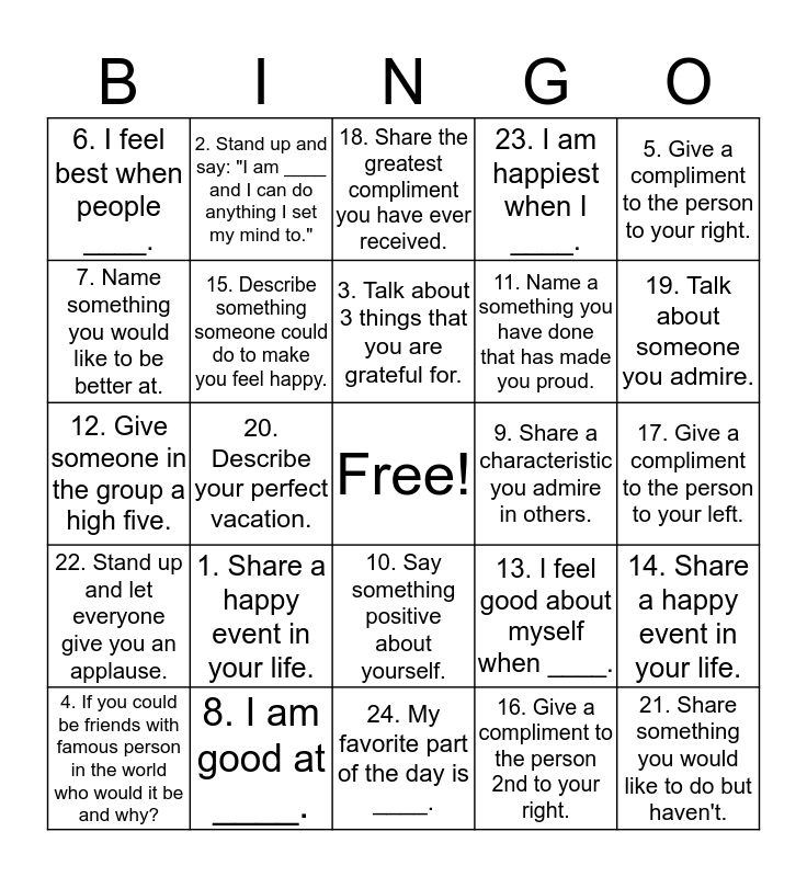 Self-Esteem Bingo Card