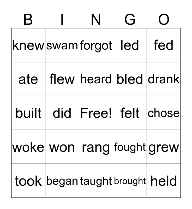 Irregular Verbs Bingo Card