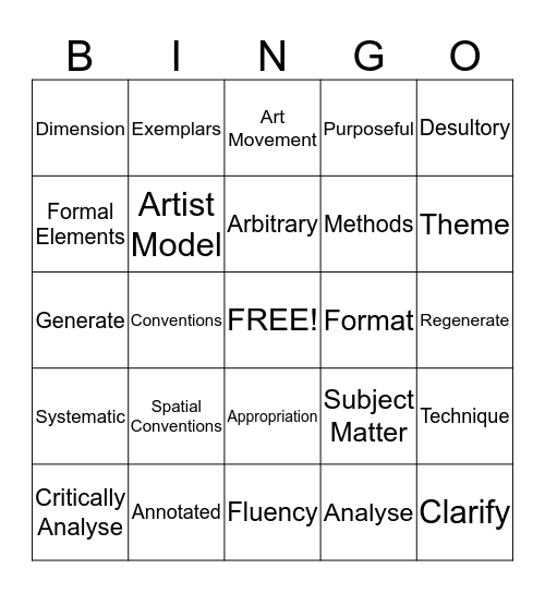 Senior Art Lingo Bingo Card