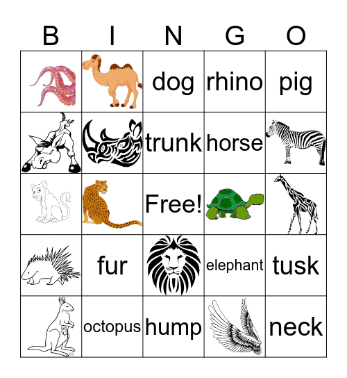 Animals and their body parts Bingo Card