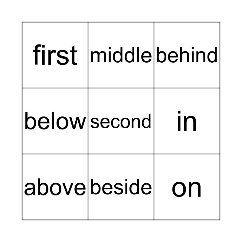 Positional Words Bingo Card