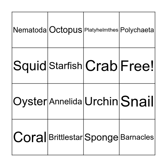 Invertebrates Bingo Card