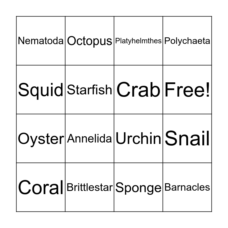 Invertebrates Bingo Card