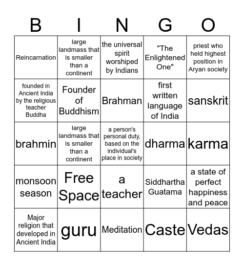 Ancient India Bingo Card