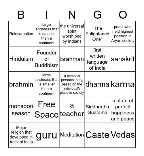 Ancient India Bingo Card