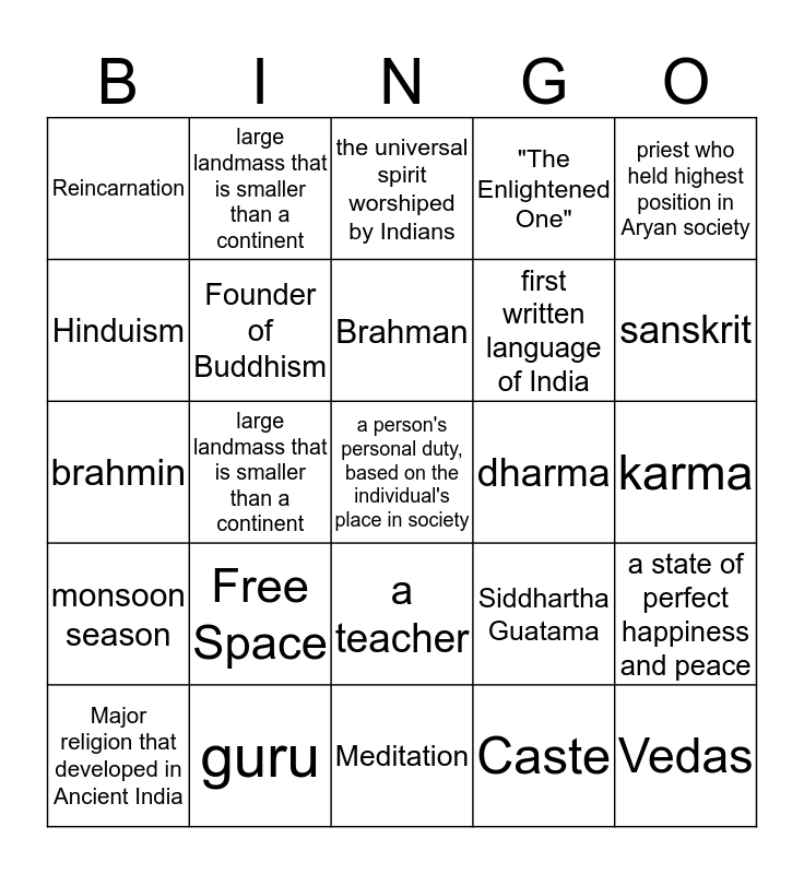 Ancient India Bingo Card