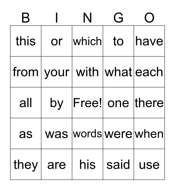 1-45 First 100 Fry Words Bingo Card
