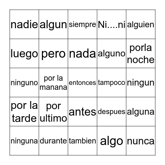 spanish Bingo Card