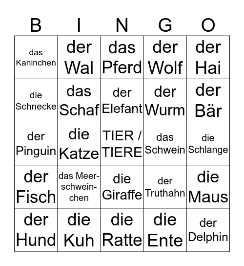 Tiere Lotto Bingo Card