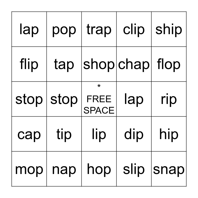 Word Family Bingo Card