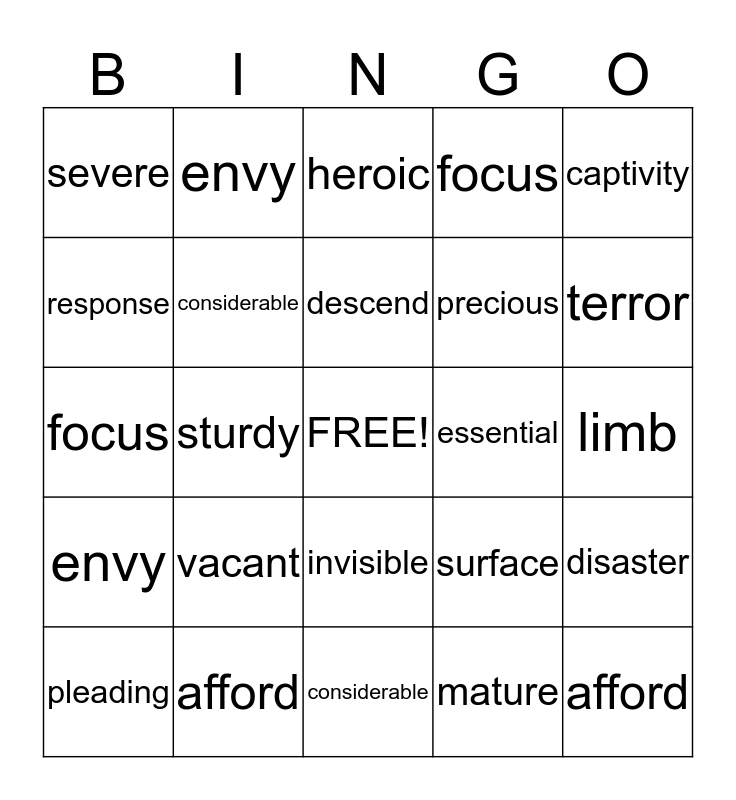 The Word Up Project: Level Orange Final Test Words Bingo Card