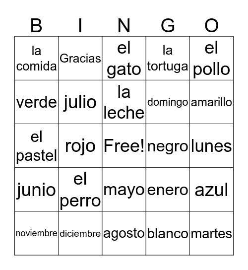 Beginner Spanish Bingo Card