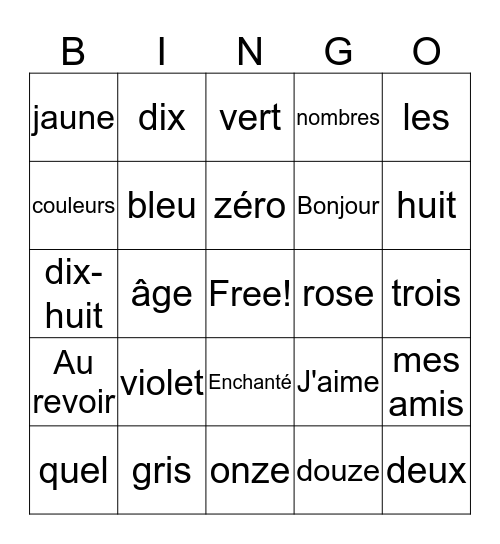 Vocabulaire français Bingo Card