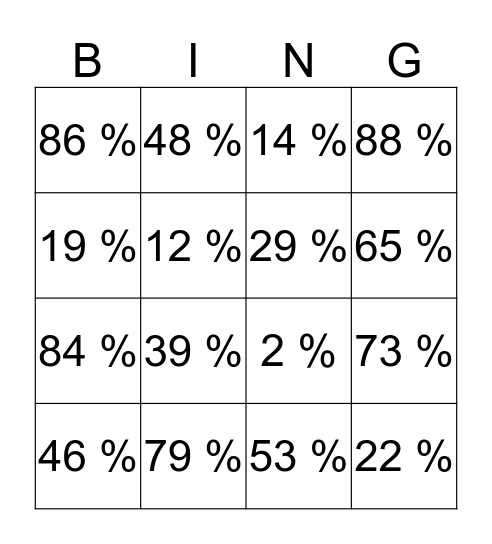 PERCENT Bingo Card
