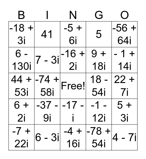 Complex Number Bingo Card