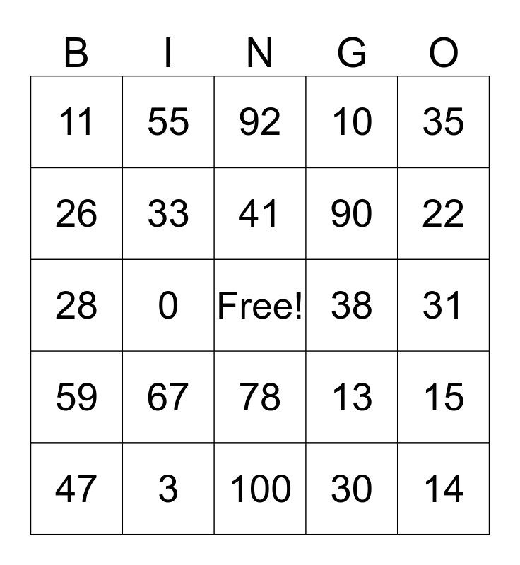 numbers(0-100) Bingo Card