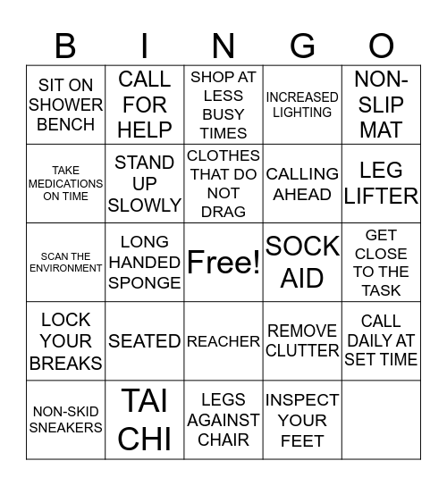FALL PREVENTION BINGO Card