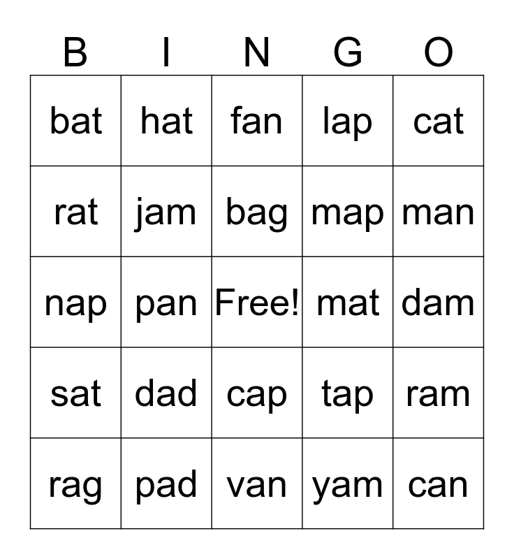 Short vowel a Bingo Card