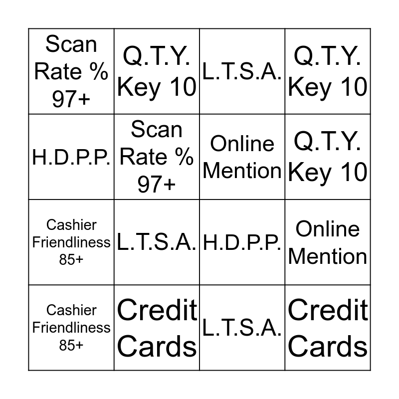 Cashier Bingo Card