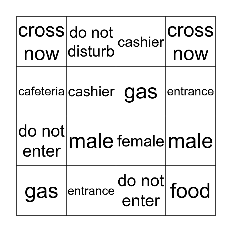 Survival Words 4 Bingo Card