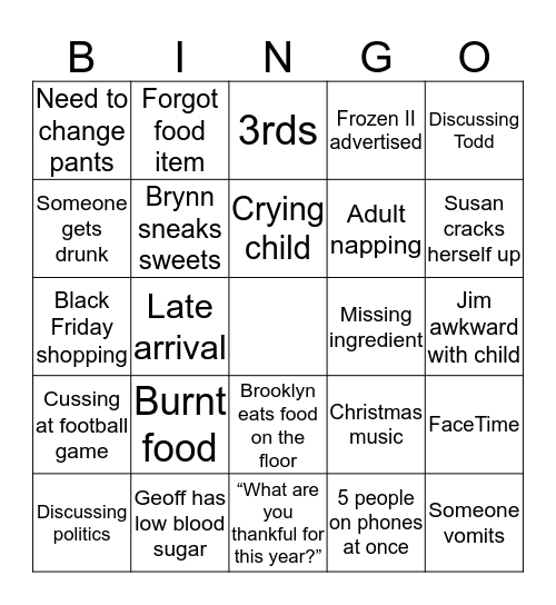 Cousin Thanksgiving BINGO Card